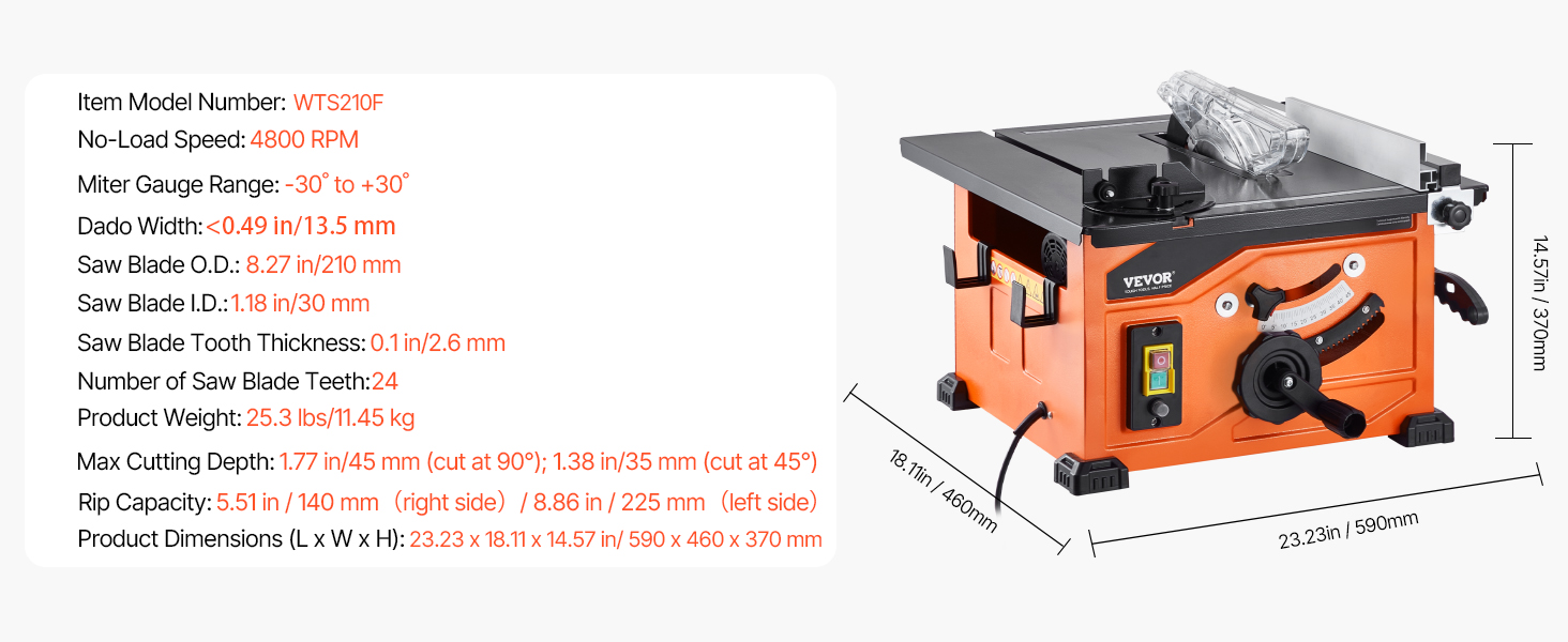 VEVOR Table Saw, 1200 W Portable Compact Tablesaw, 210 MM Saw Blade O.D ...