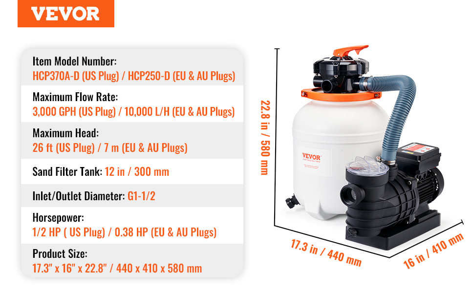 Vevor Sand Filter Pump For Above Ground Pools, 12-inch Sand Filter Tank ...