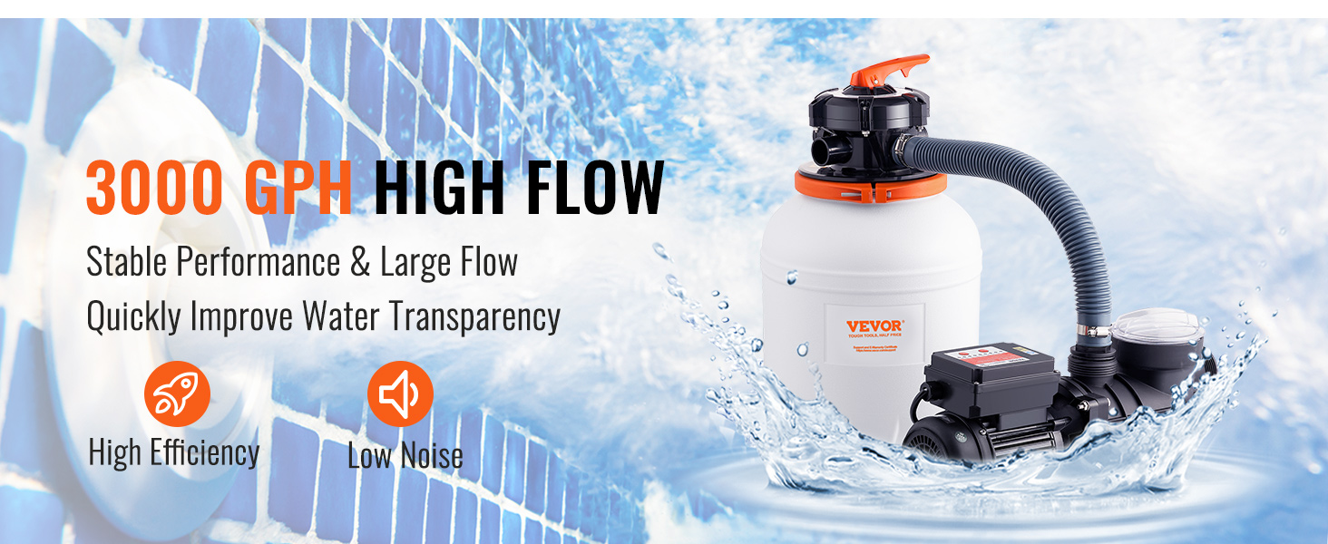 VEVOR Sand Filter Pump for Above Ground Pools, 12-inch, 3000 GPH, 1/2 ...