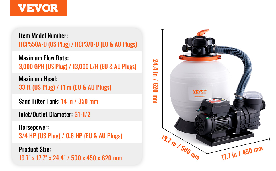 VEVOR Pool Sand Filter Pump Above Ground, 14 Inch Sand Filter Tank ...