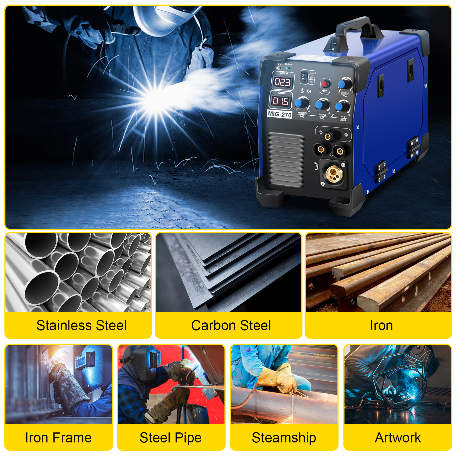 VEVOR MIG Welder, 3 in 1 Welder Welding Machine, 270 Amp MIG TIG Arc ...