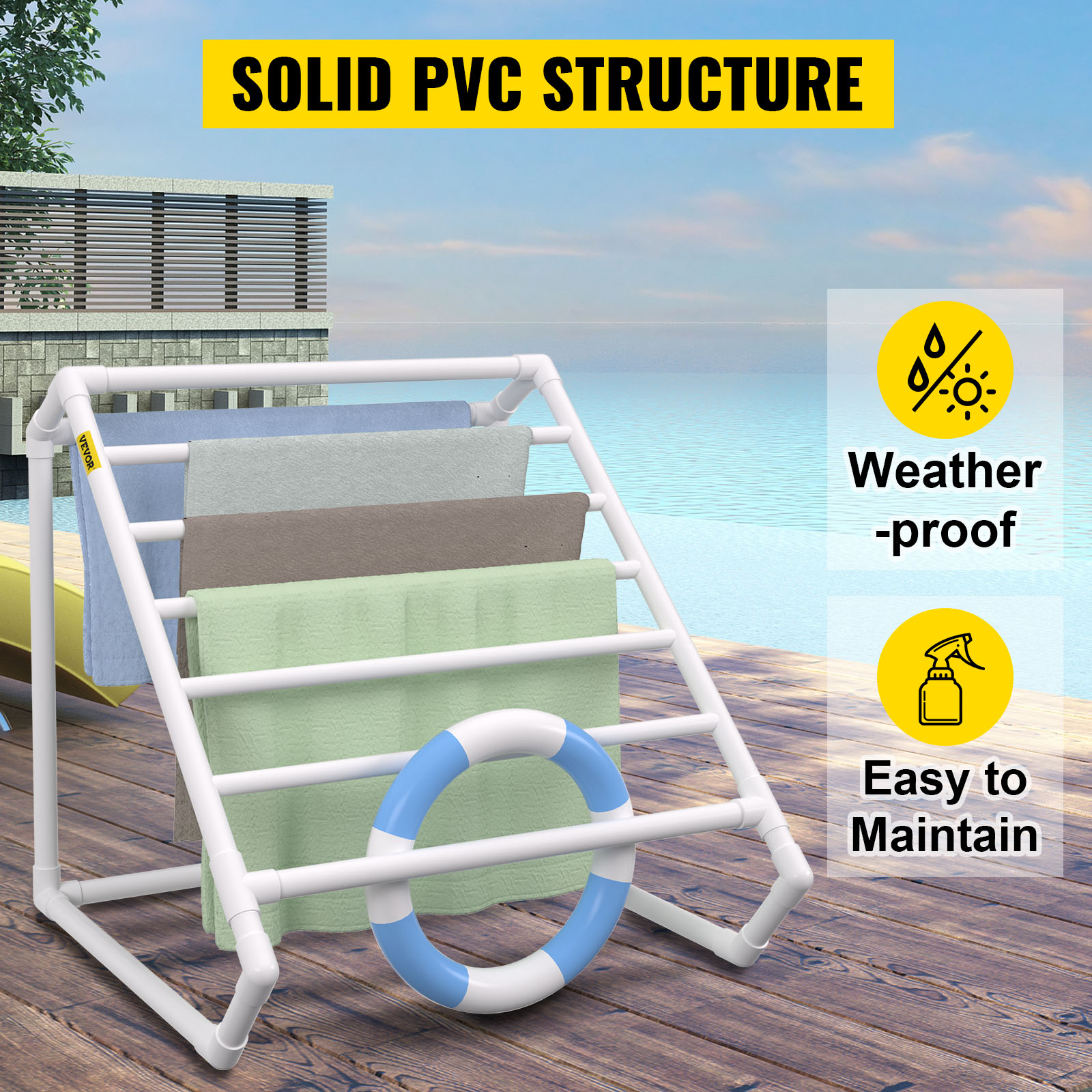 VEVOR Pool Towel Rack, 8 Bar, White, Freestanding Outdoor PVC ...