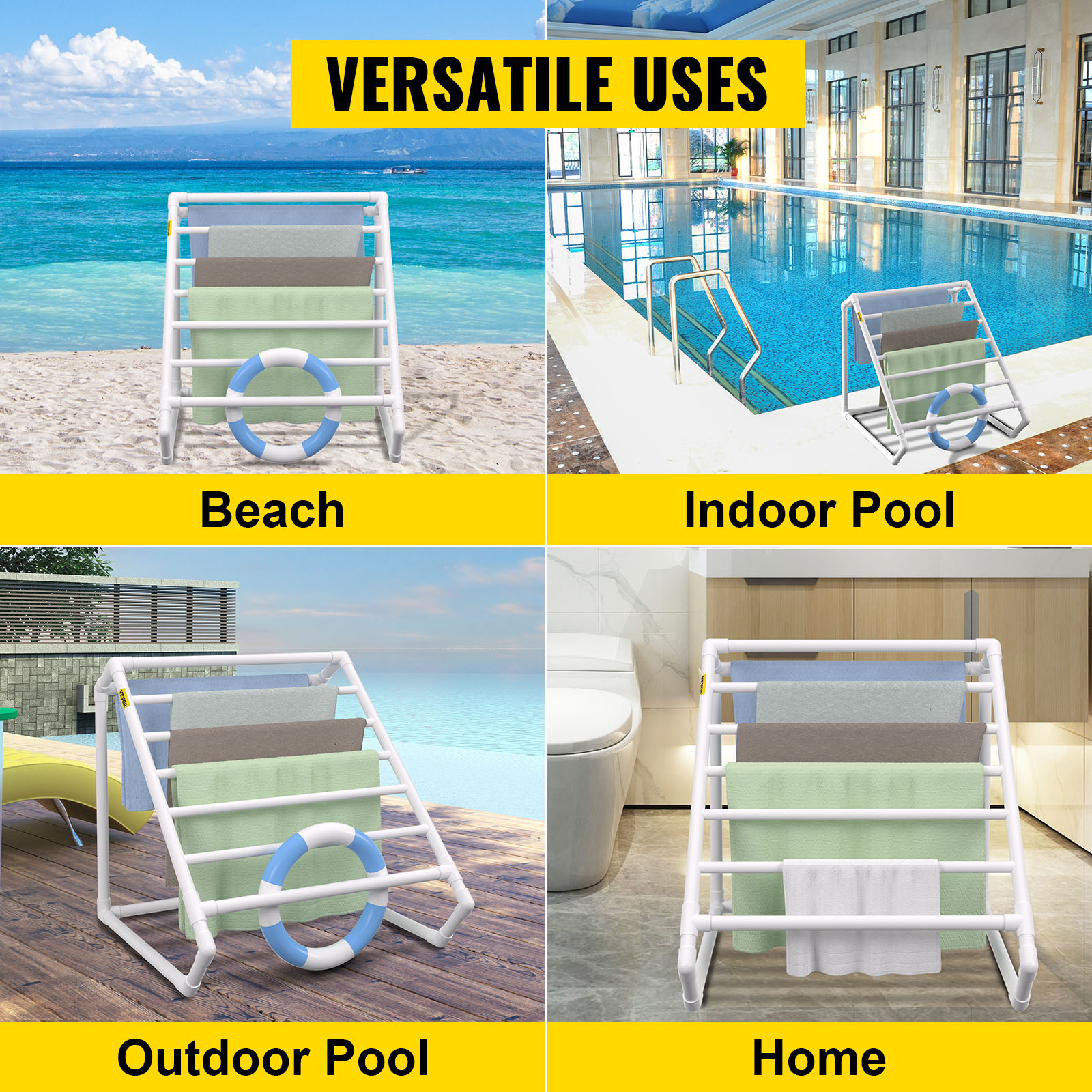 VEVOR Pool Towel Rack, 8 Bar, White, Freestanding Outdoor PVC ...