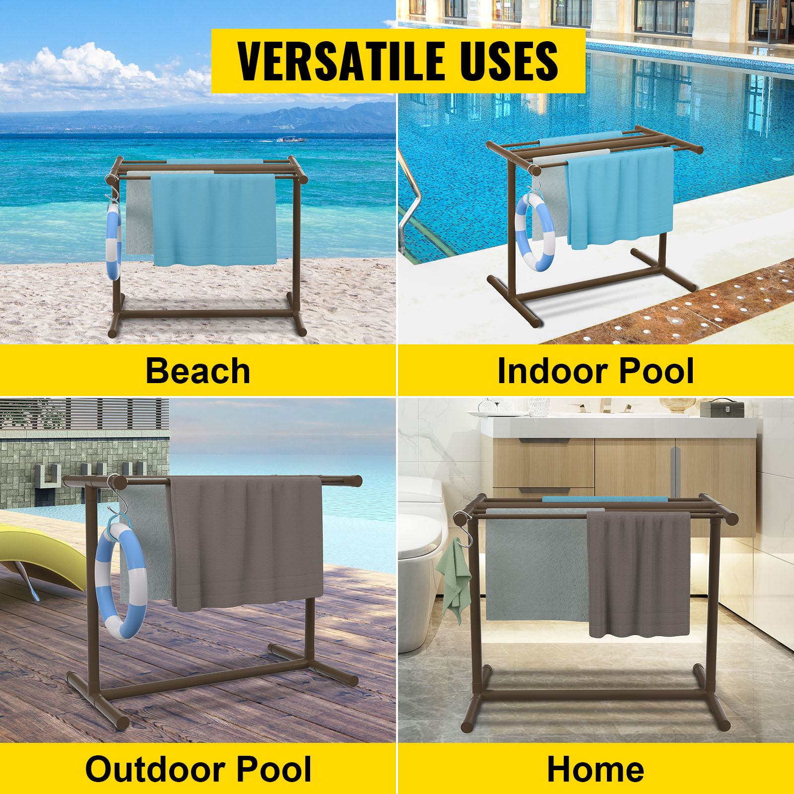 VEVOR Pool Towel Rack, 5 Bar, Brown, Freestanding Outdoor PVC T-Shape ...