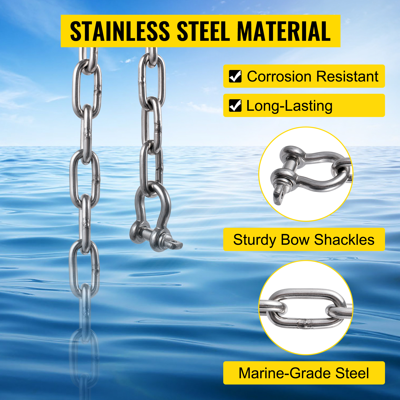 VEVOR Anchor Chain, 10 ft x 5/16 in 316 Stainless Steel Chain, 3/8 ...