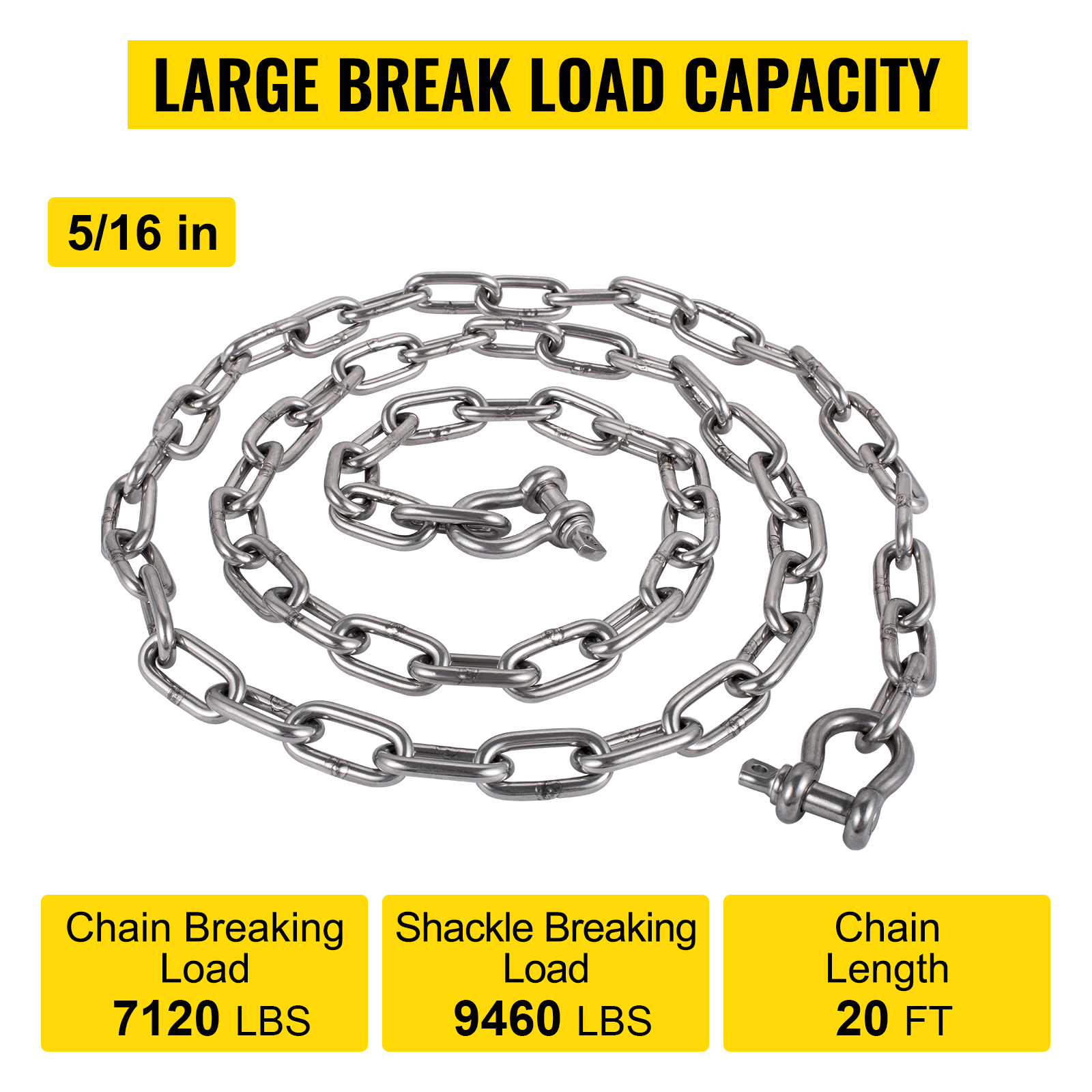 VEVOR Anchor Chain, 20' x 5/16" 316 Stainless Steel Chain, 3/8" Anchor ...