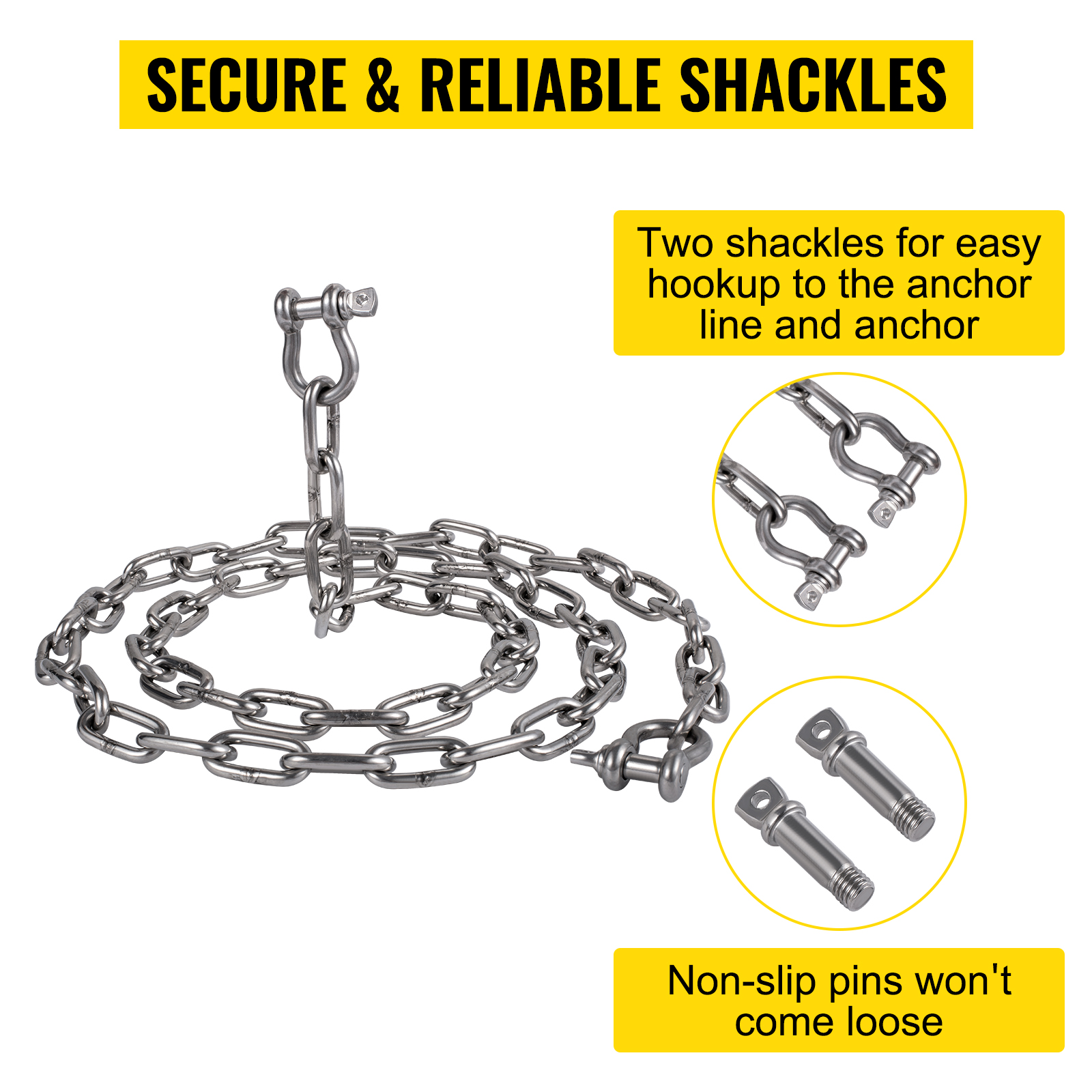 VEVOR Anchor Chain, 20' x 5/16" 316 Stainless Steel Chain, 3/8" Anchor ...