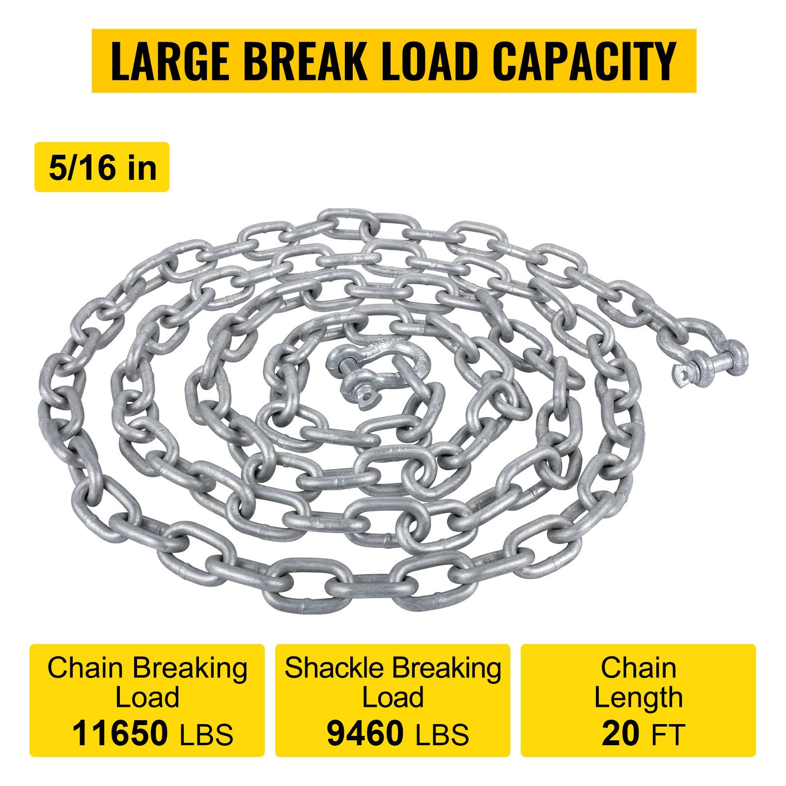 VEVOR Anchor Chain, 20' x 5/16" Galvanized Steel Chain, 3/8" Anchor ...