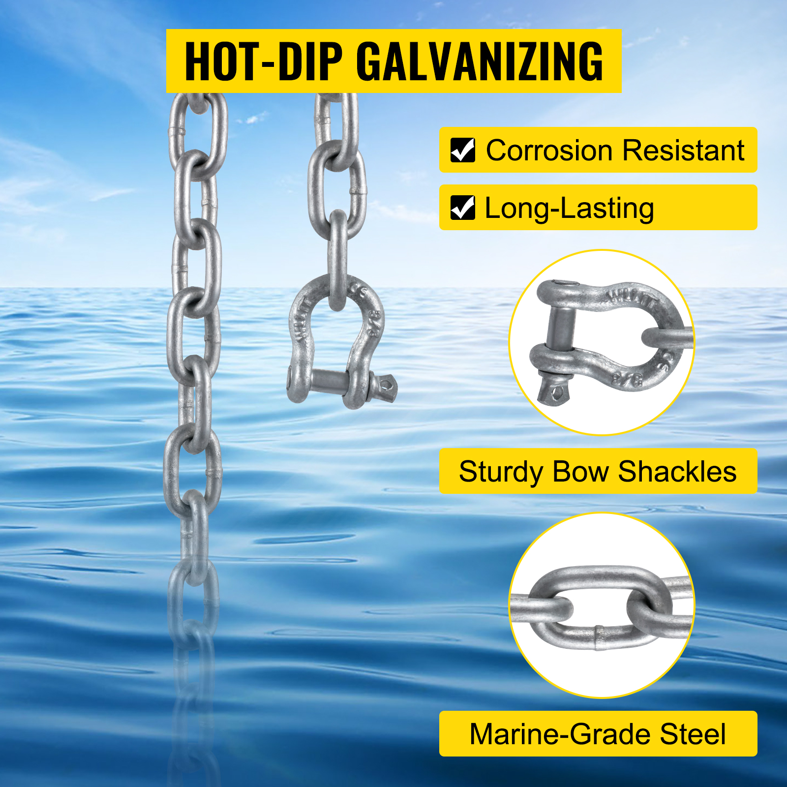VEVOR Anchor Chain, 20' x 5/16" Galvanized Steel Chain, 3/8" Anchor ...