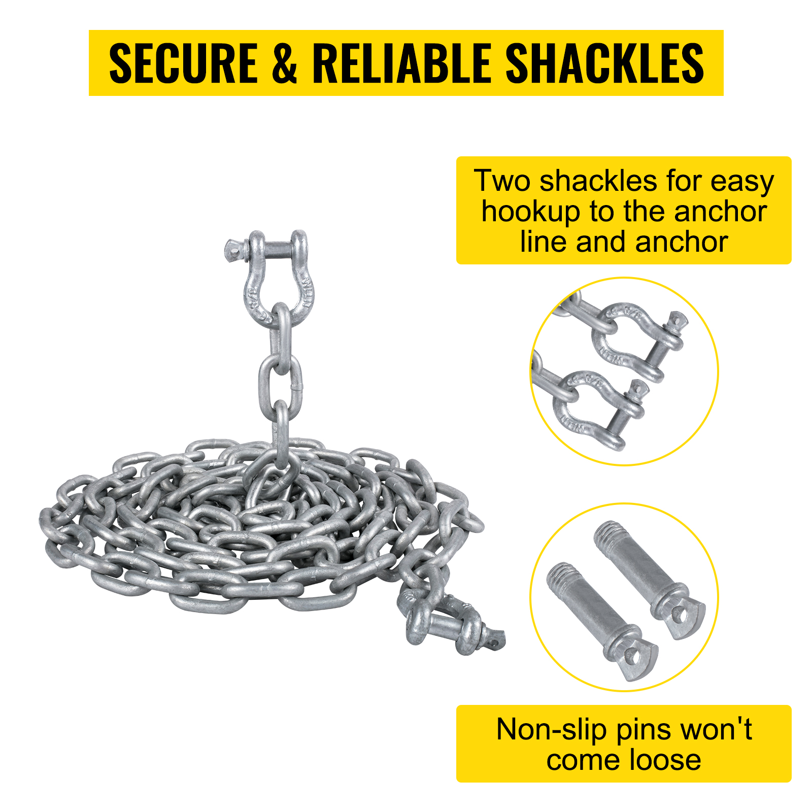 VEVOR Anchor Chain, 20' x 5/16" Galvanized Steel Chain, 3/8" Anchor ...