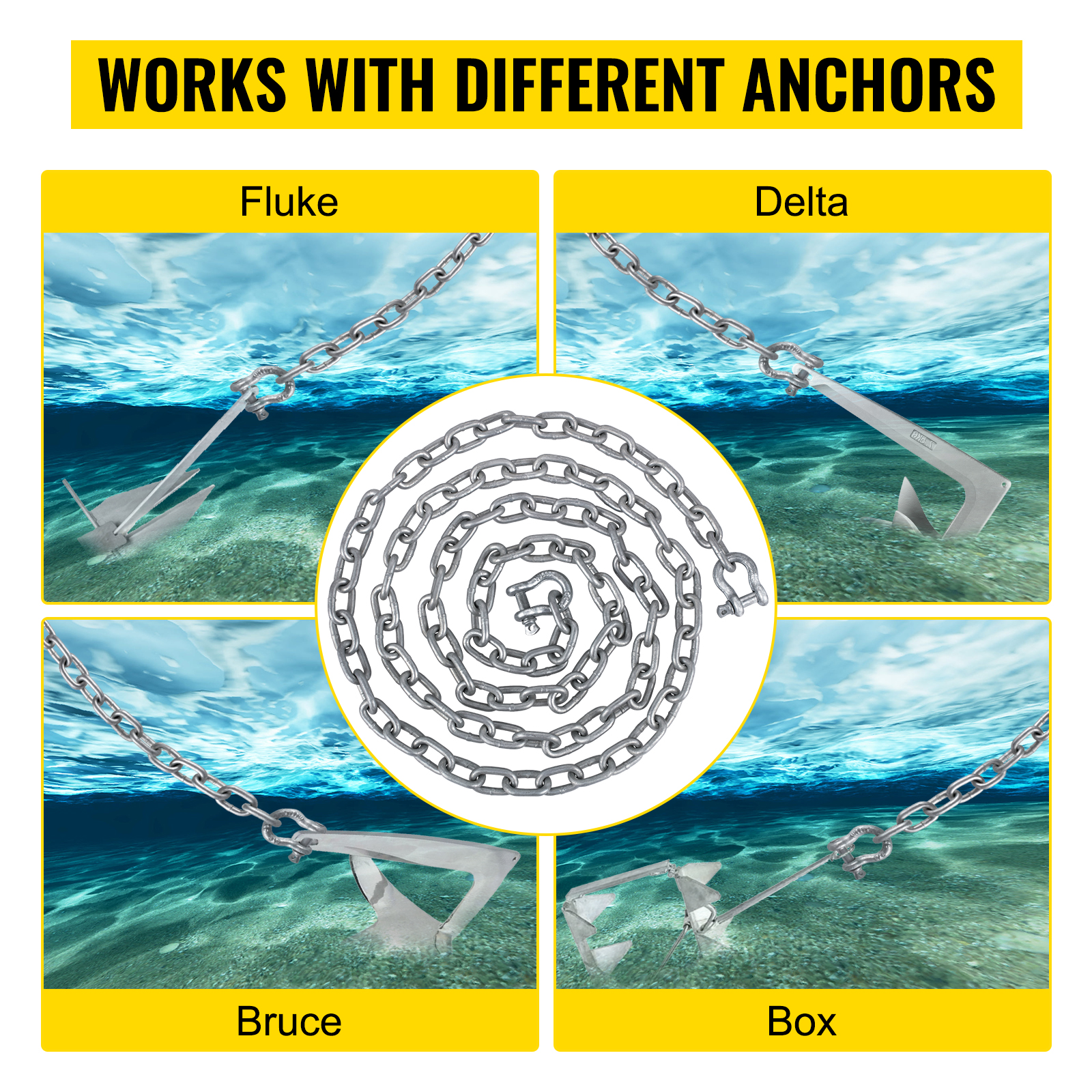 VEVOR Anchor Chain, 20' x 5/16" Galvanized Steel Chain, 3/8" Anchor ...