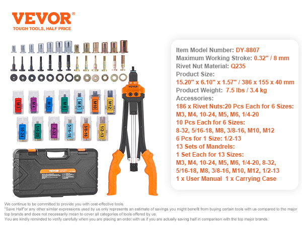 VEVOR Rivet Nut Tool, 16 inch Rivnut Tool Kit with 13PCS Metric and SAE ...