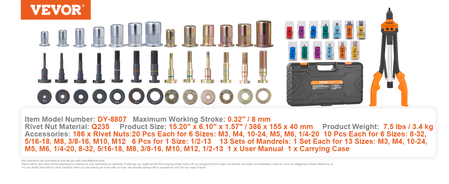 VEVOR Rivet Nut Tool, 16” Rivnut Tool Kit with 13PCS Metric and SAE ...