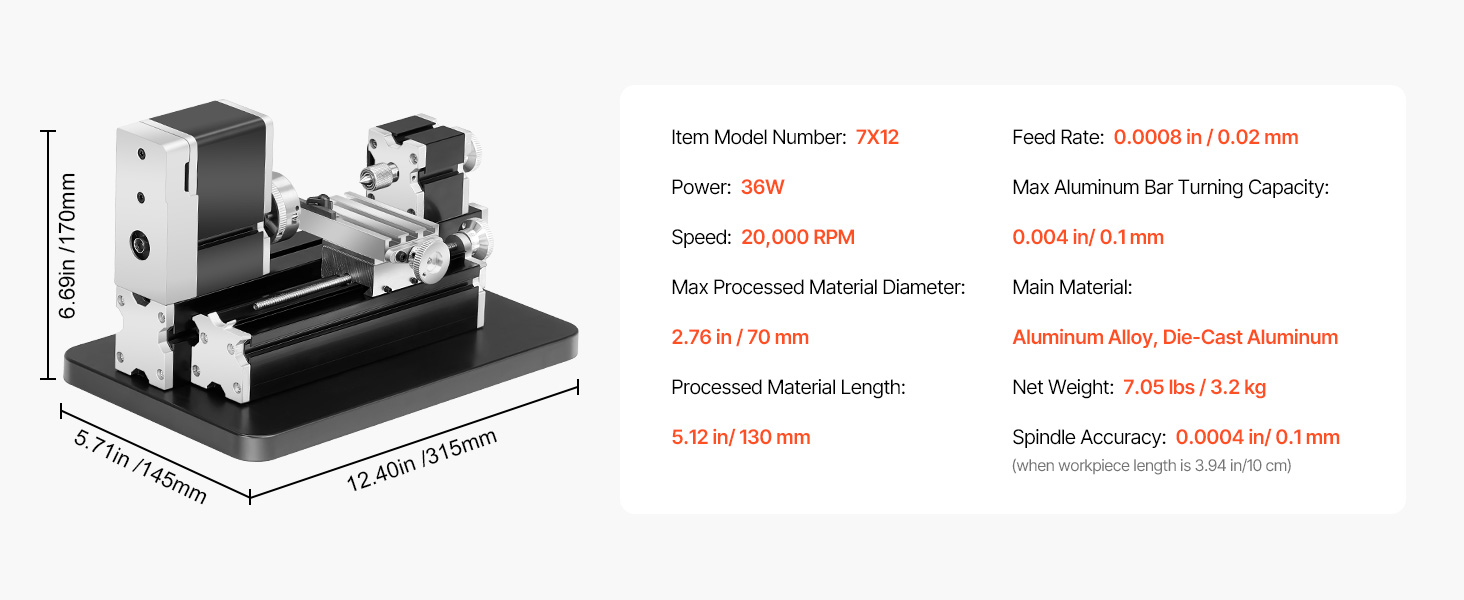 Mini Metal Lathe Machine 2.76 x 5.12 in Power Metal Lathe 20,000 RPM ...