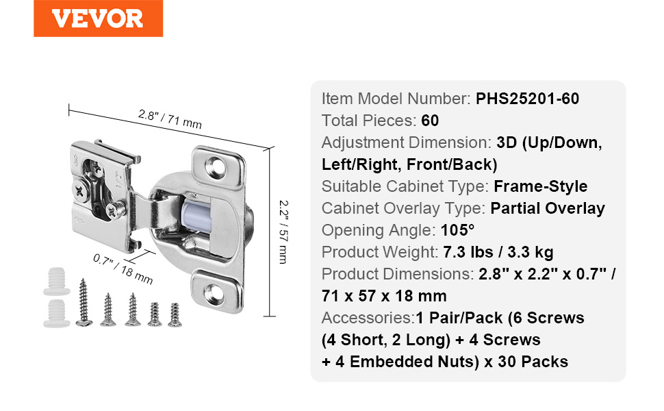 VEVOR Cabinet Door Hinges 60 Packs Partial Overlay Soft Close for ...