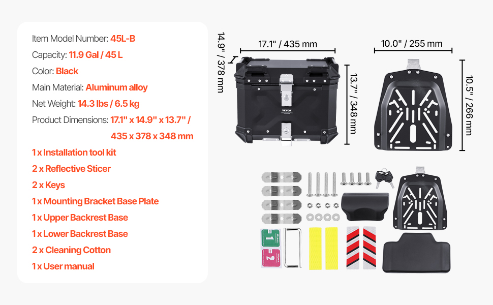VEVOR 45L Motorcycle Top Case Universal Motorbike Tail Box with Leather ...