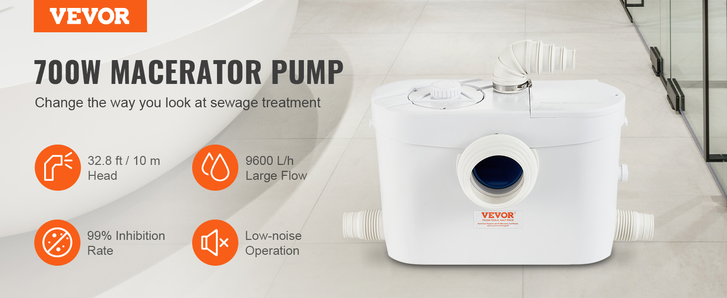 VEVOR Macerator Pump, 700W, 9600 L/h Flow, 32.8 ft/10 m Head, Macerator ...