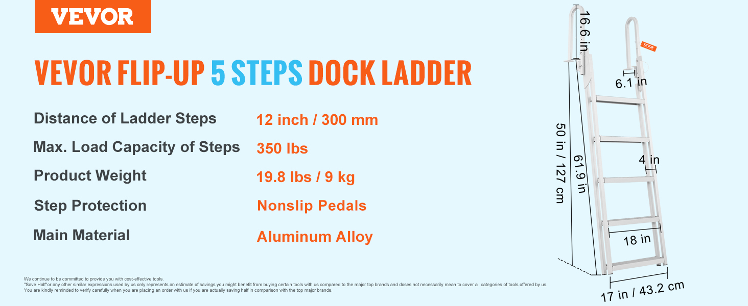 VEVOR Dock Ladder Flip Up 5 Steps, 350lbs Load Capacity, Aluminum ...