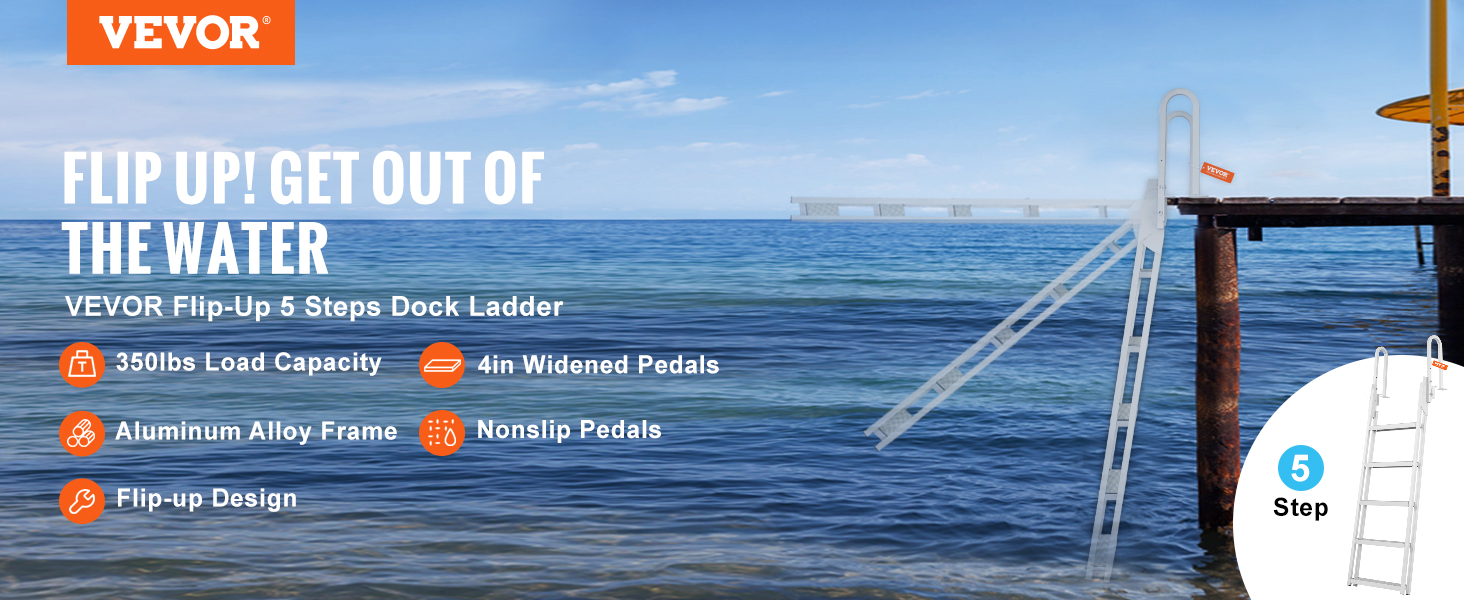 VEVOR Dock Ladder Flip Up 5 Steps, 350lbs Load Capacity, Aluminum ...
