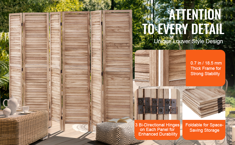VEVOR Wood Room Divider, 6 Panel Wood Folding Privacy Screen, 66.9 ...