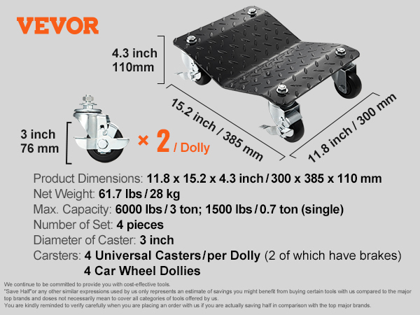 VEVOR Car Dolly Wheel Tire Dolly 4 PCS Heavy Duty Skate Auto Repair ...