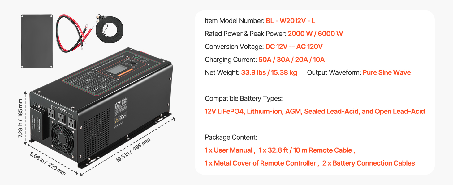 VEVOR 2000W Pure Sine Wave Inverter Charger DC 12V to AC 120V Power ...