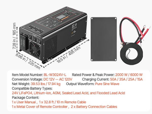 VEVOR 3000W Pure Sine Wave Inverter Charger DC 24V to AC 120V Power ...