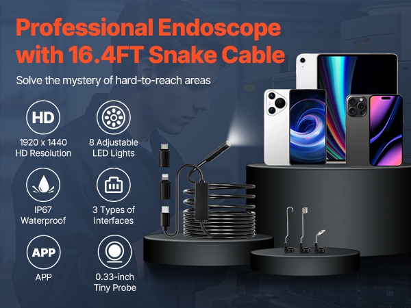 VEVOR Endoscope Camera 1920P HD Borescope for Android & IOS with 16.4FT ...