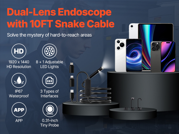 VEVOR Dual Lens Borescope Endoscope Camera for Android IOS & 10FT Snake ...