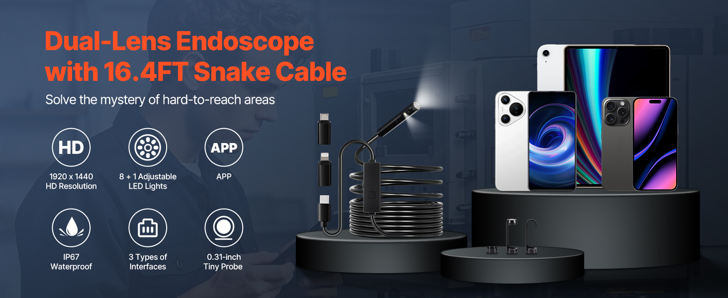 VEVOR Dual Lens Borescope Endoscope Camera for Android IOS & 16.4FT ...
