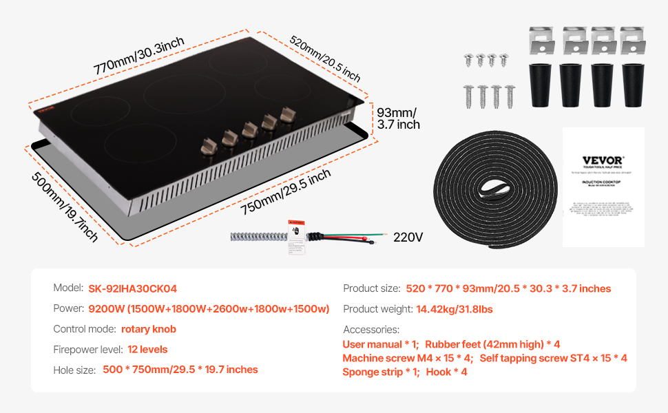 9200W 5 Burner Induction Cooktop Electric Countertop Burner Knob ...