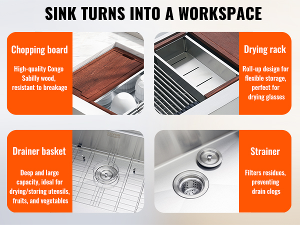 VEVOR Farmhouse Kitchen Sink, 304 Stainless Steel Drop-In Sinks, Single ...