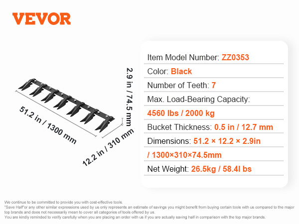 VEVOR Bucket Tooth Bar, 53'', Heavy Duty Tractor Bucket Teeth Bar for ...