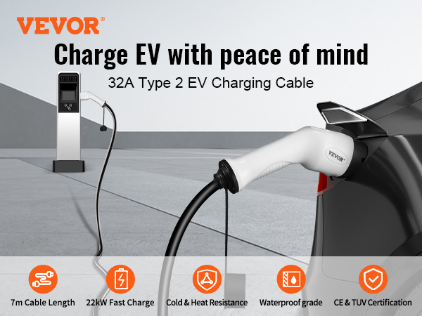 VEVOR Type 2 to Type 2 EV Charging Cable Electric Vehicle Cable 32A 7m ...