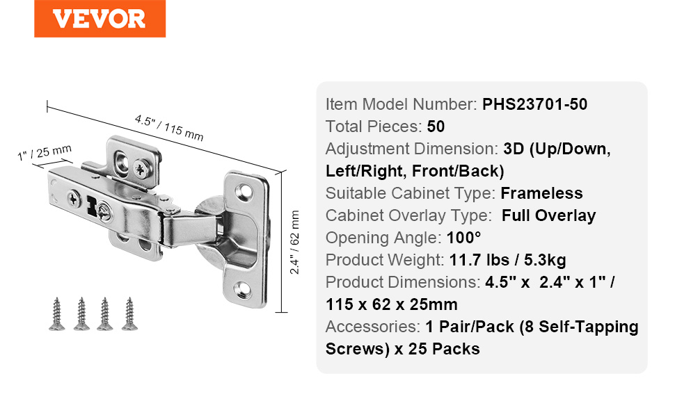VEVOR Cabinet Door Hinges 50 Packs Full Overlay Soft Close for ...