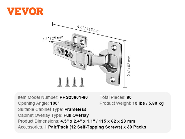 VEVOR Cabinet Door Hinges 60 Packs Full Overlay Soft Close for ...