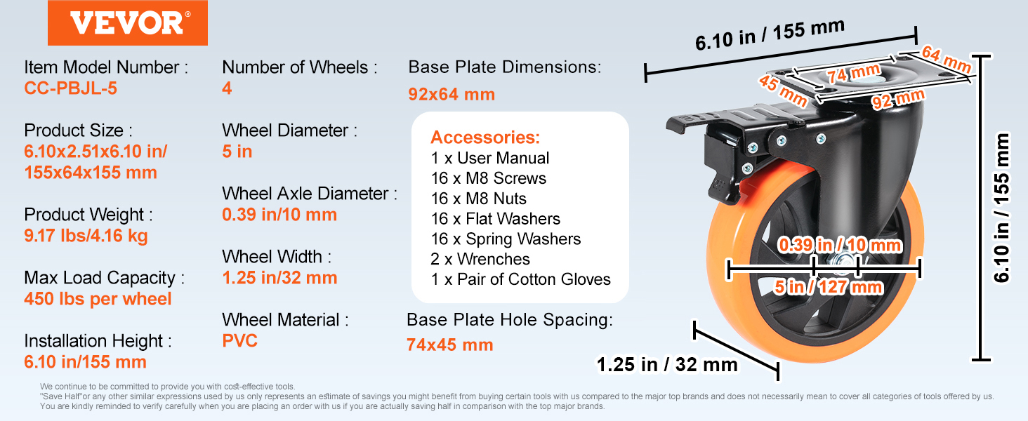 VEVOR Caster Wheels, 127 mm Swivel Plate Casters, Set of 4, with ...