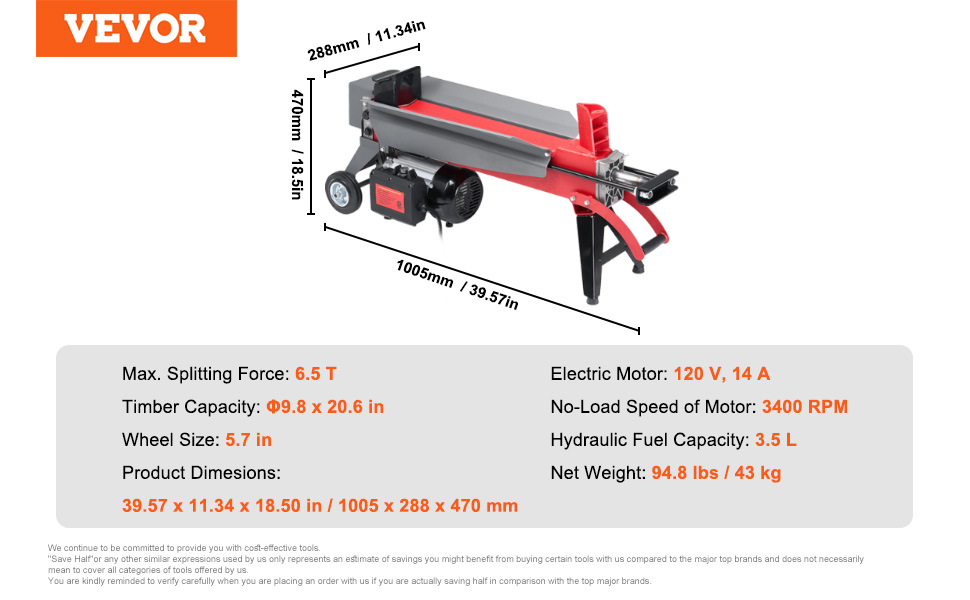 VEVOR 6.5T Force Electric Log Splitter 3400 RPM Log Splitter with 1.75 HP Motor | VEVOR US