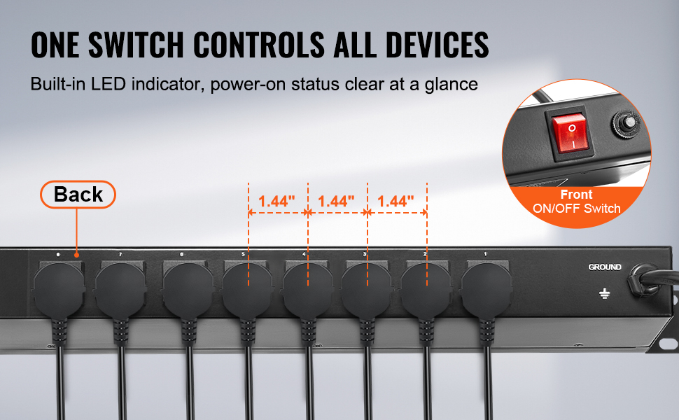 VEVOR 19" 1U PDU 8 Outlets Rack Mount Power Strip Surge Overload Protection | VEVOR CA