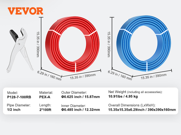 VEVOR PEX Pipe 1/2 Inch, 2 x 100 Feet Length PEX-A Flexible Pipe Tubing ...