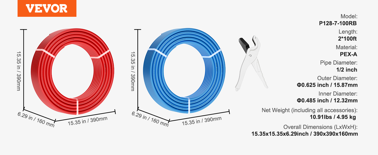 VEVOR PEX Pipe 1/2 Inch, 2 x 100 Feet Length PEX-A Flexible Pipe Tubing ...