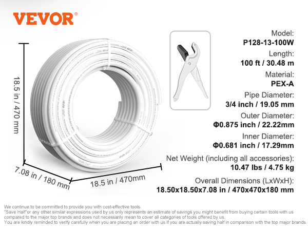 VEVOR PEX Pipe 3/4 Inch, 100 Feet Length PEX-A Flexible Pipe Tubing for ...