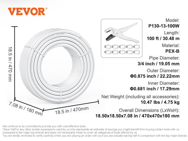 VEVOR PEX Pipe 3/4 Inch, 100 Feet Length PEX-B Flexible Pipe Tubing for ...