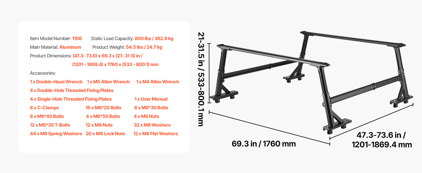 VEVOR Truck Ladder Rack Non-Drilling Bed Rack 800 lbs Capacity for ...