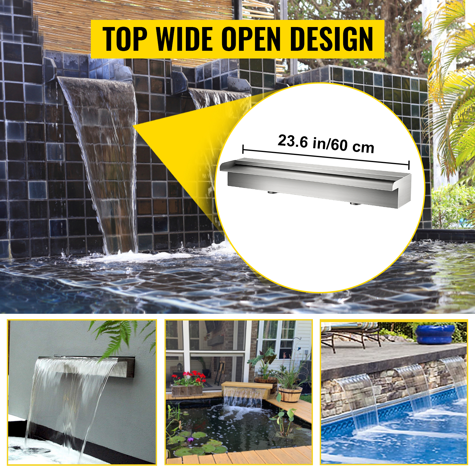 VEVOR Pool Fountain Stainless Steel Pool Waterfall 23.6" x 4.5" x 3.1 ...