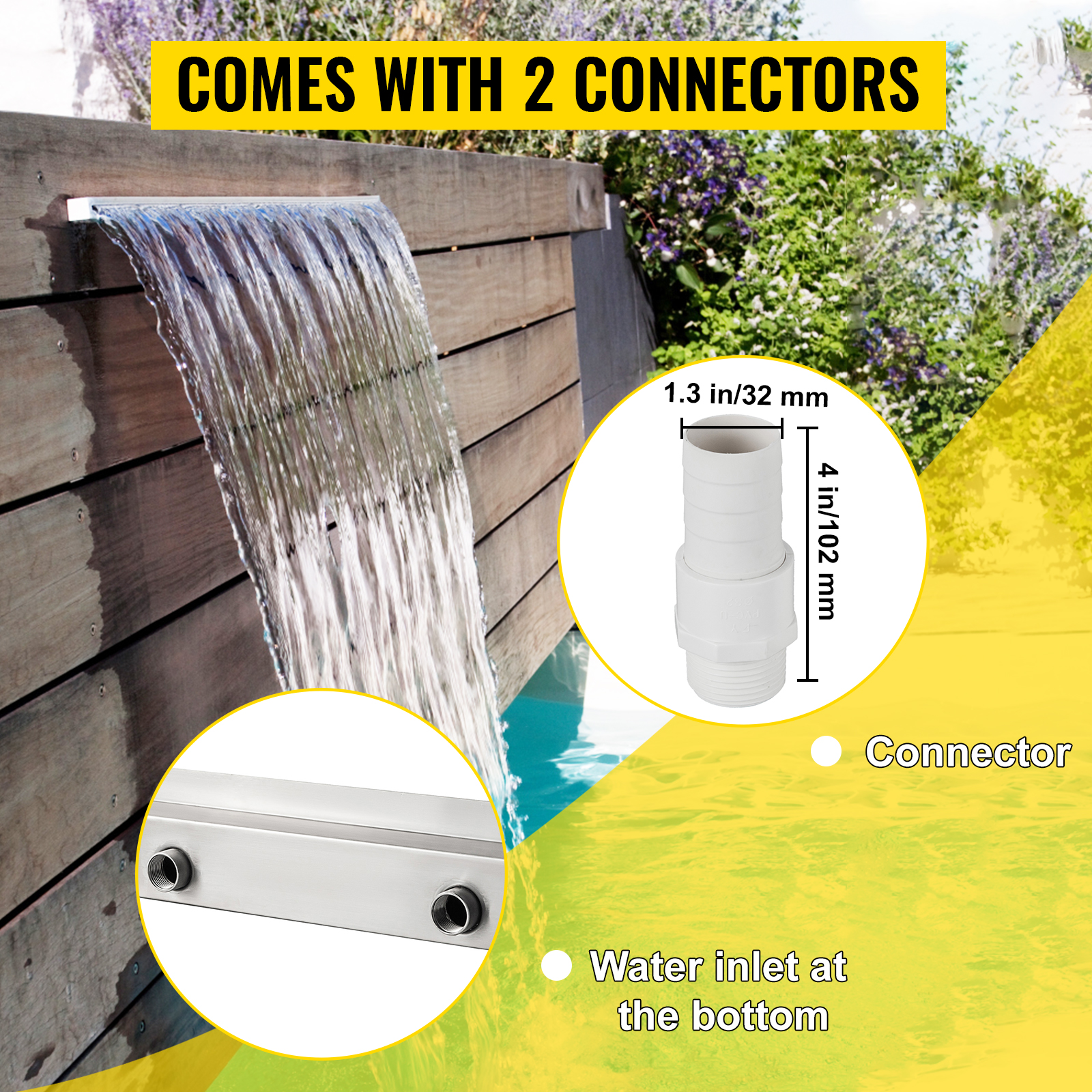 VEVOR Pool Fountain Stainless Steel Pool Waterfall 23.6" x 4.5" x 3.1 ...