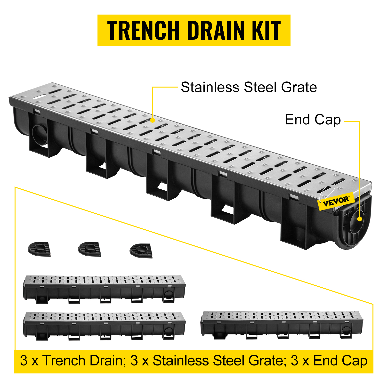 VEVOR Trench Drain System, Channel Drain with Metal Grate, 5.9x5.1-Inch ...