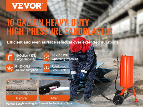 VEVOR 10 Gallon Heavy-Duty Sand Blaster, 60-110 PSI High Pressure ...