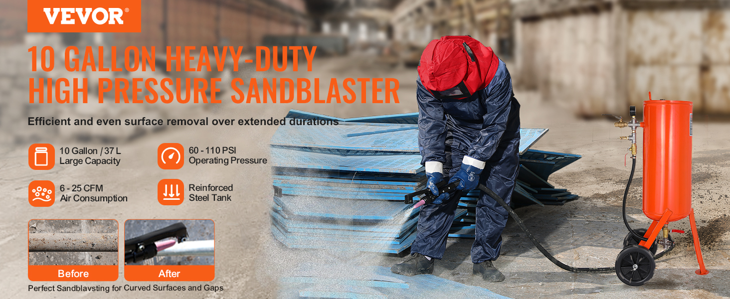VEVOR 10 Gallon Heavy-Duty Sand Blaster, 60-110 PSI High Pressure ...