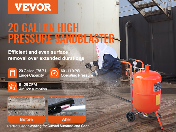 VEVOR 20 Gallon Sand Blaster, 60-110 PSI High Pressure Sandblaster ...